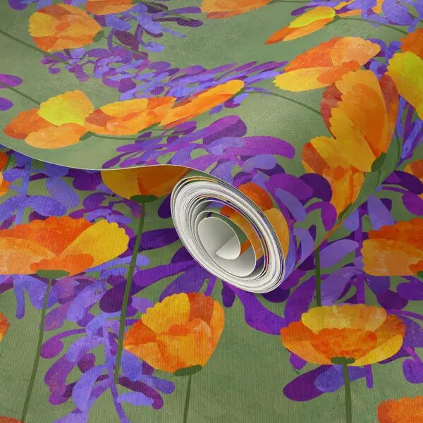 Spoonflower California Poppies And Lupine Custom Pre-pasted Wallpaper - Green,purple,blue