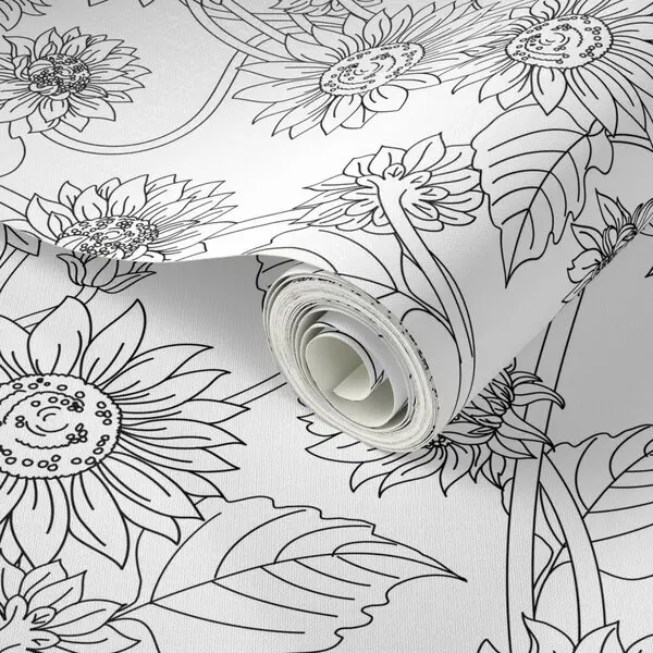 Spoonflower Black And White Flowers Floral Plants Sunflower Custom Removable Wallpaper - White,gray