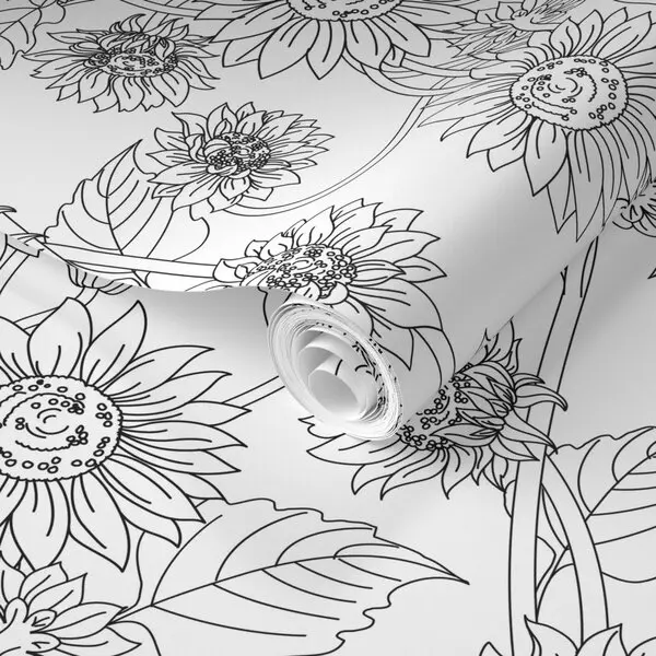 Spoonflower Black And White Flowers Floral Plants Sunflower Traditional Wallpaper - White,gray
