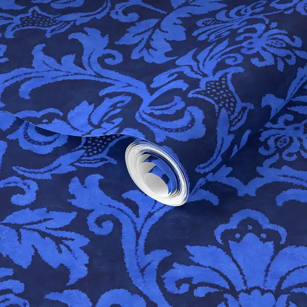 Spoonflower Damask Smaller Scale Floral Brocade Traditional Wallpaper - Blue