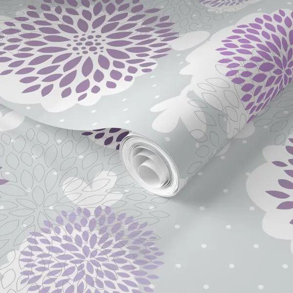 Spoonflower Flowers Nature Purple Grey Plant Violet Polka Dot Custom Pre-pasted Wallpaper - Purple,gray