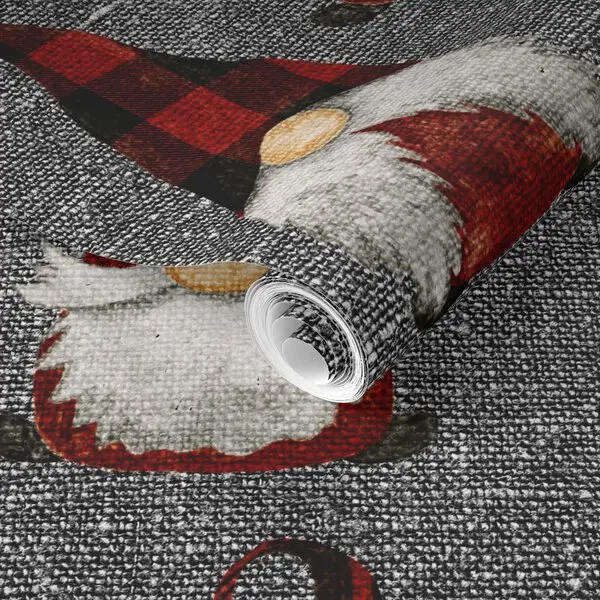 Spoonflower Plaid Christmas Gnomes Gnome Watercolor Merry Red Custom Removable Wallpaper - Brown,gray