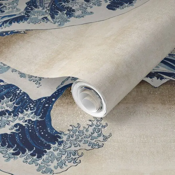Spoonflower Japanese Ocean Wave Woodcut Hokusai Custom Pre-pasted Wallpaper - White,blue,brown
