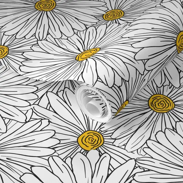 Spoonflower Flowers Daisies White Custom Pre-pasted Wallpaper - White,gray