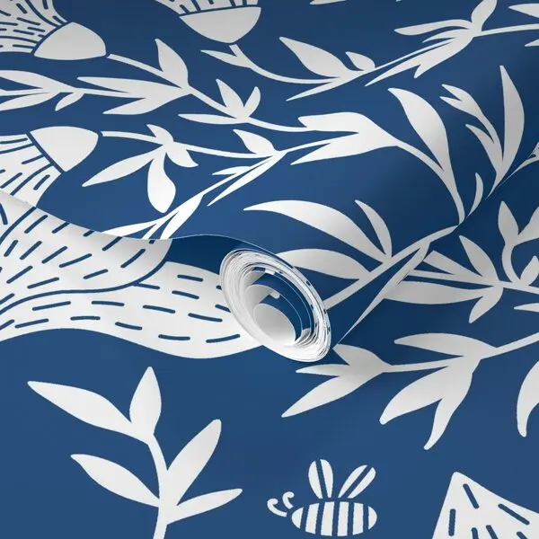 Spoonflower Flower White Leaves Nature Romantic Spring Flora Custom Pre-pasted Wallpaper - Blue,white