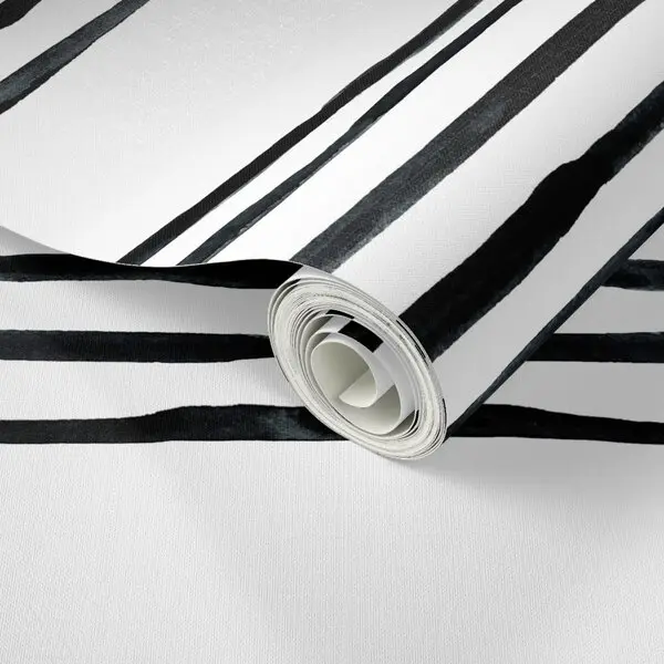 Spoonflower Black Watercolor Painted Stripes Custom Pre-pasted Wallpaper - Blue,black,gray