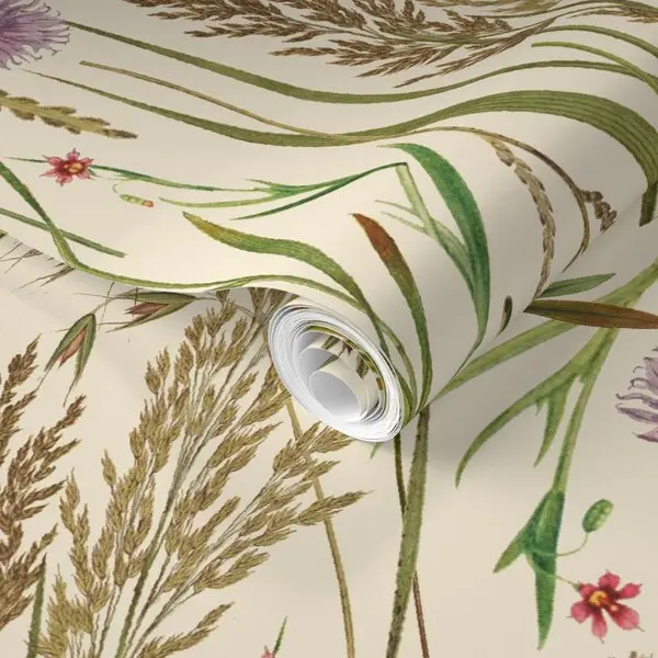 Spoonflower Large Grasses On Cream Custom Pre-pasted Wallpaper - Beige,green,brown