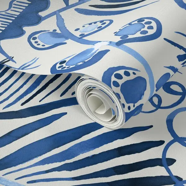 Spoonflower Leaves Nature Forest Jungle Beach Custom Pre-pasted Wallpaper - Blue
