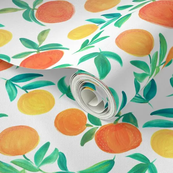 Spoonflower Oranges Orange Citrus Watercolor Spanish Colorful Custom Pre-pasted Wallpaper - Orange,yellow,green