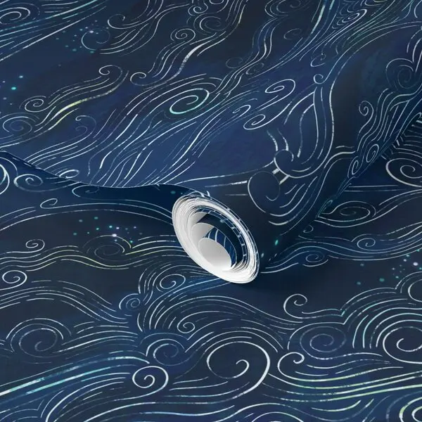 Spoonflower Water Dark Night Waves Sea Custom Pre-pasted Wallpaper - Blue