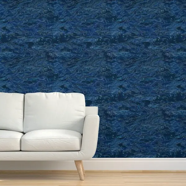 Spoonflower Water Dark Night Waves Sea Custom Pre-pasted Wallpaper
