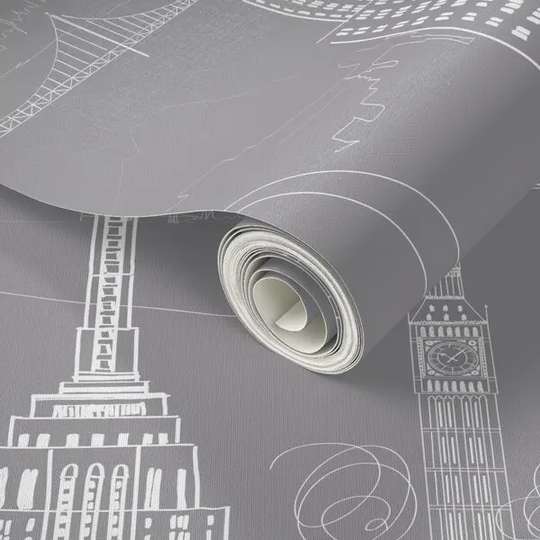 Spoonflower World City Landmarks Metropolis Urban Architecture Custom Pre-pasted Wallpaper - Gray,white