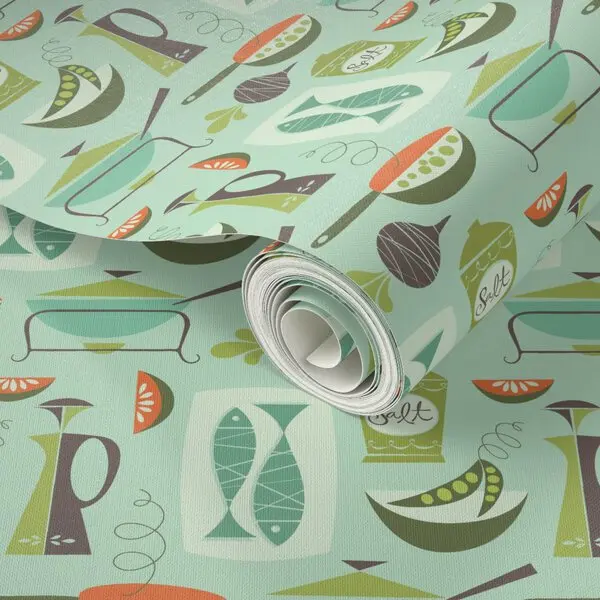 Spoonflower Kitchen Blue Vintage Retro Cooking Mid Century Traditional Wallpaper - Blue,green