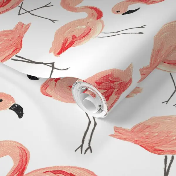 Spoonflower Flamingo Party Tiny Flamingos Birds Pink White Custom Removable Wallpaper - Pink,red