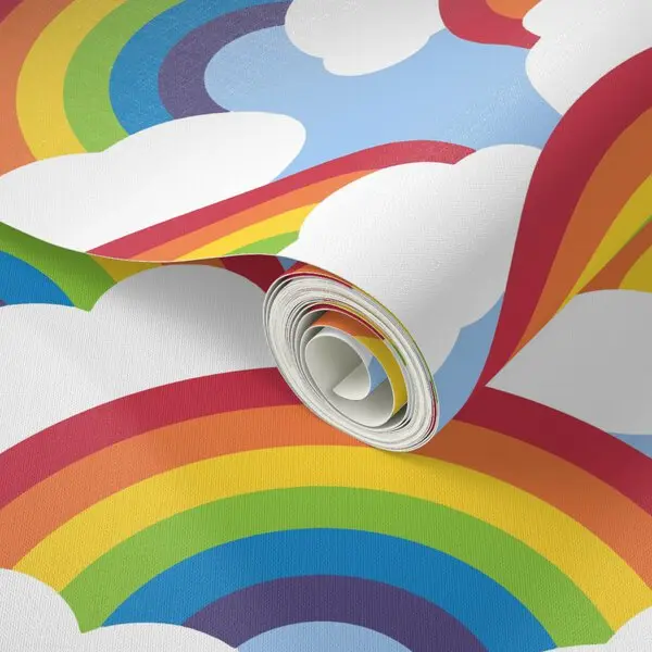 Spoonflower Large Circle Rainbow Blue Cloud Custom Removable Wallpaper - Orange,blue,pink