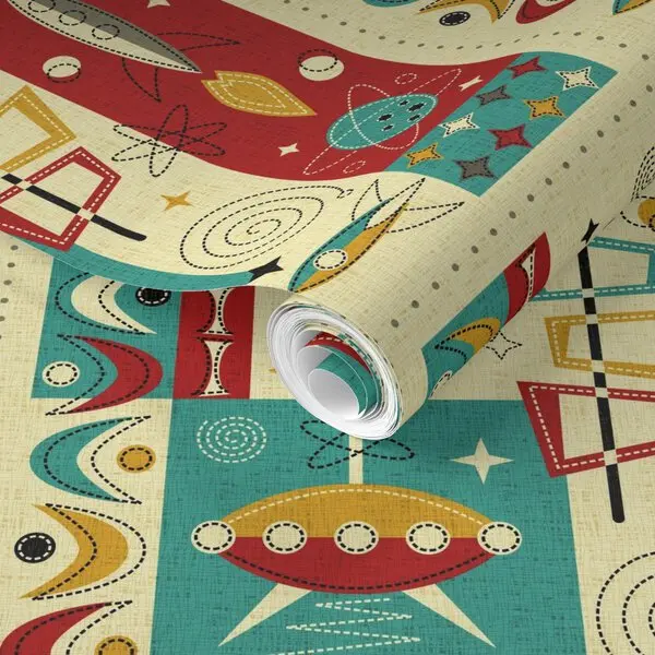 Spoonflower Space Age Fun Cheater Quilt Vintage Retro Fifties Custom Pre-pasted Wallpaper - Green,red,yellow