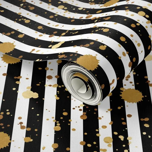 Spoonflower Stripes & Splatter Gold Black White Striped Paint Traditional Wallpaper - Black,gold,beige