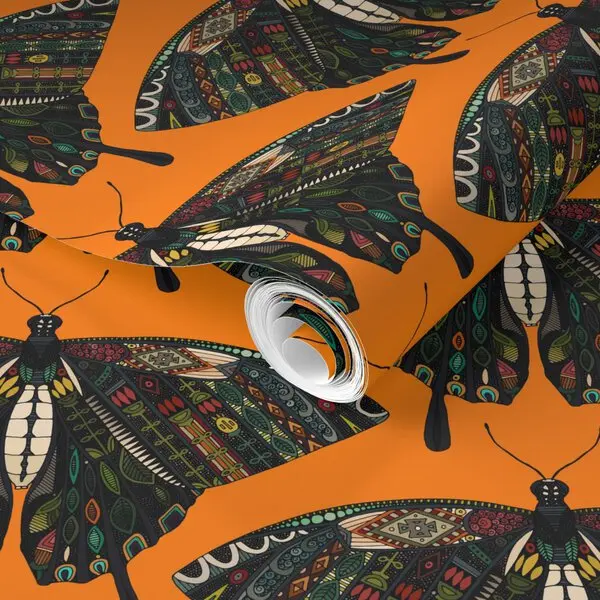 Spoonflower Flowers Leaves Butterflies Butterfly Nature Orange Custom Pre-pasted Wallpaper - Orange,black,green