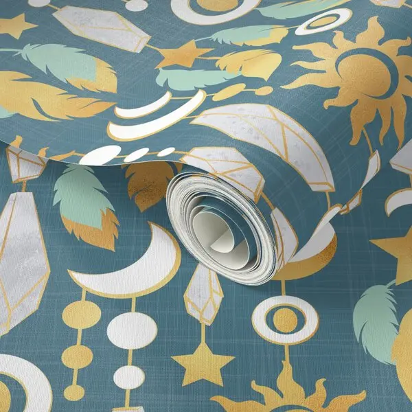 Spoonflower Bohemian Dark Turquoise Mint Gold Feathers Golden Custom Pre-pasted Wallpaper - Blue,beige,teal
