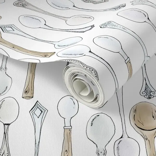 Spoonflower Tea Spoon Illustration Ink Drawing Silver Custom Removable Wallpaper - White,brown,gray