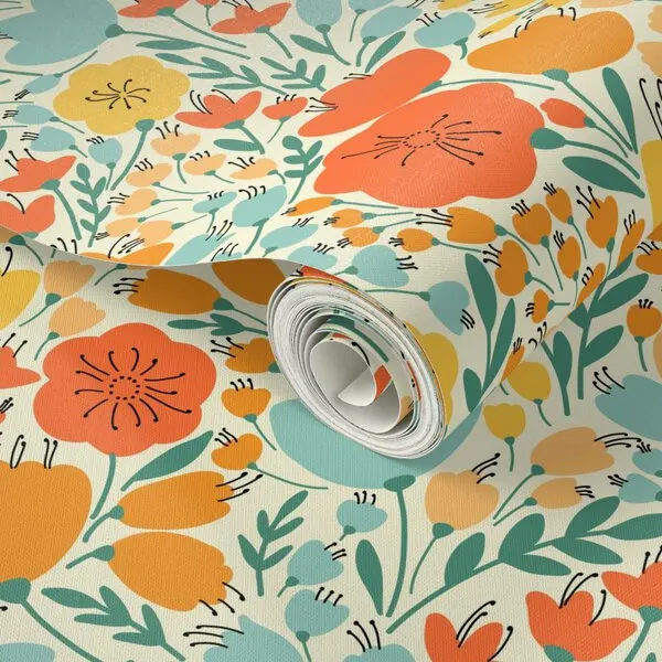 Spoonflower Flowers Bloom Orange Spring Summer Blossom Traditional Wallpaper - Sage,orange,green