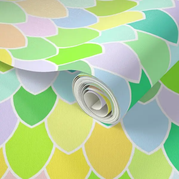 Spoonflower Mermaid Scales Beach Multicolor Spring Tail Custom Pre-pasted Wallpaper - Green,blue,gray