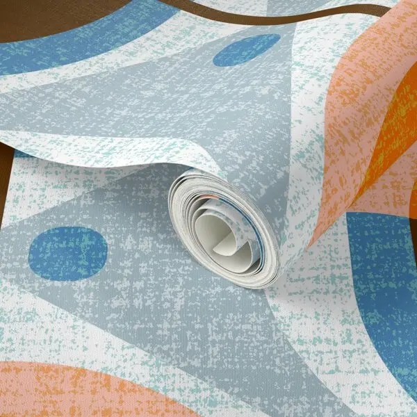 Spoonflower Mid Century Damask Retro Orange Geometric Spring Traditional Wallpaper - Blue,orange,brown