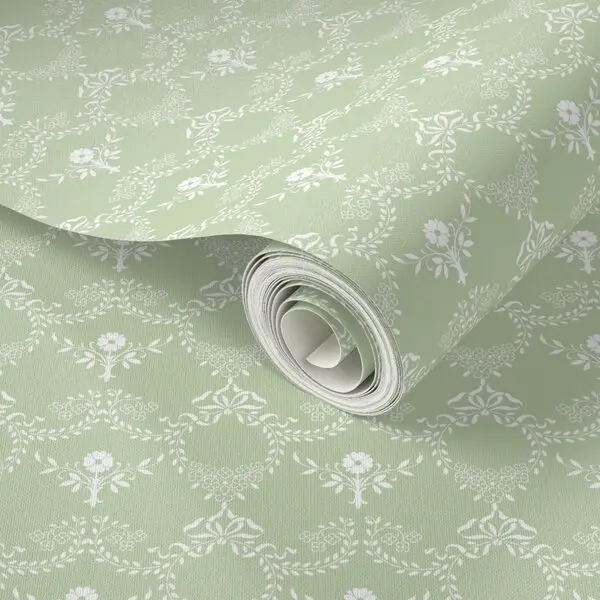 Spoonflower Flowers Ribbons Wreaths Green And Custom Removable Wallpaper - Sage,green