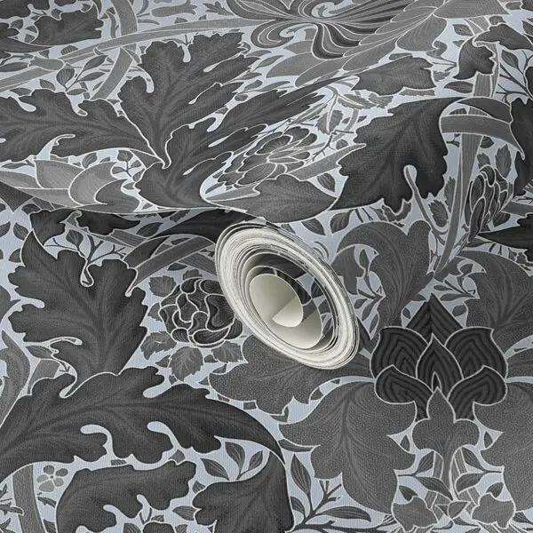 Spoonflower Damask Grey Flower Blue Leaves Floral Gray Custom Pre-pasted Wallpaper - Gray,black,white