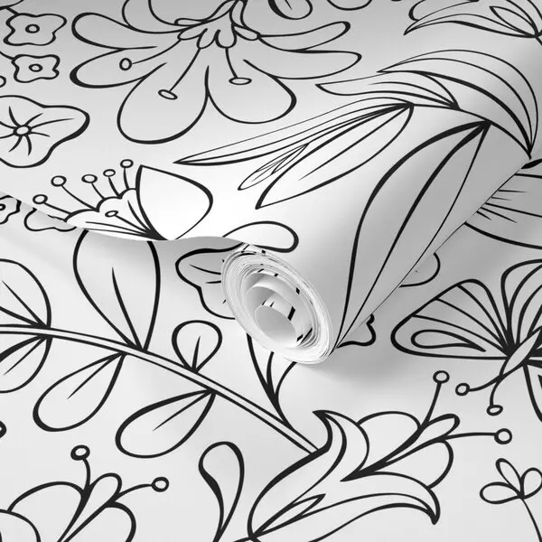 Spoonflower Garden Coloring Book Floral Black White Florals Custom Removable Wallpaper - Black,white,gray