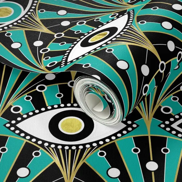 Spoonflower Art Nouveau Eyes Peacock Tail Traditional Wallpaper - Gray,brown,green
