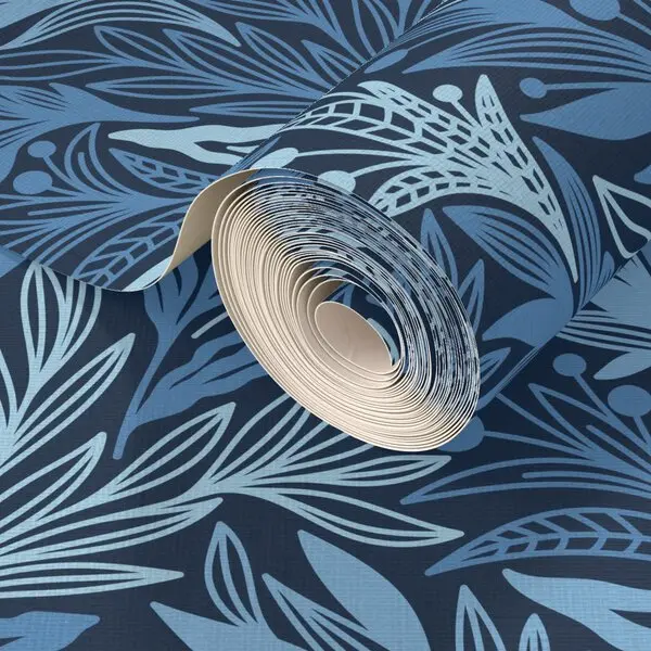 Spoonflower Plant Pattern 100% Natural Sisal Grasscloth Wallcovering - Blue