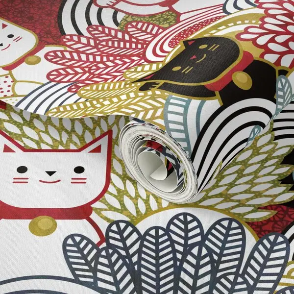 Spoonflower Cat Japanese Lucky Cats Garden Luck Medium Black Custom Pre-pasted Wallpaper - Red,blue,beige