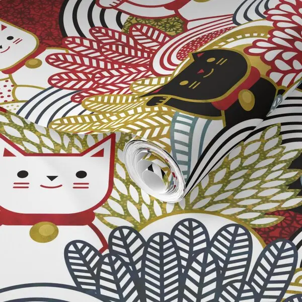 Spoonflower Cat Japanese Lucky Cats Garden Luck Medium Black Custom Pre-pasted Wallpaper - Red,blue,beige
