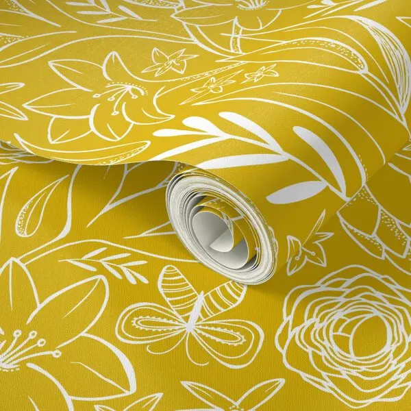 Spoonflower Botanical Floral Golden Yellow Butterfly Flowers Custom Pre-pasted Wallpaper - Yellow,white,beige