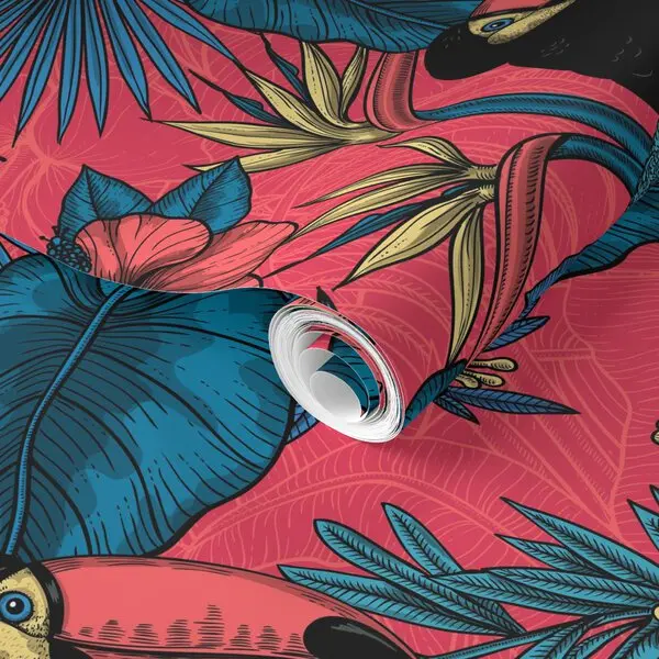 Spoonflower Bird Vintage Leaves Floral Hibiscus Palm Jungle Custom Pre-pasted Wallpaper - Blue,red