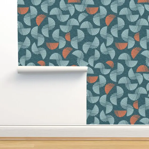 Spoonflower Blue Geometrical Retro Shapes 100% Natural Sisal Grasscloth Wallcovering
