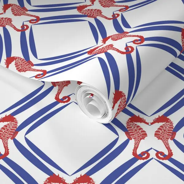 Spoonflower Seahorse Nautical Trellis Sea Life Red White Traditional Wallpaper - Blue,red,gray
