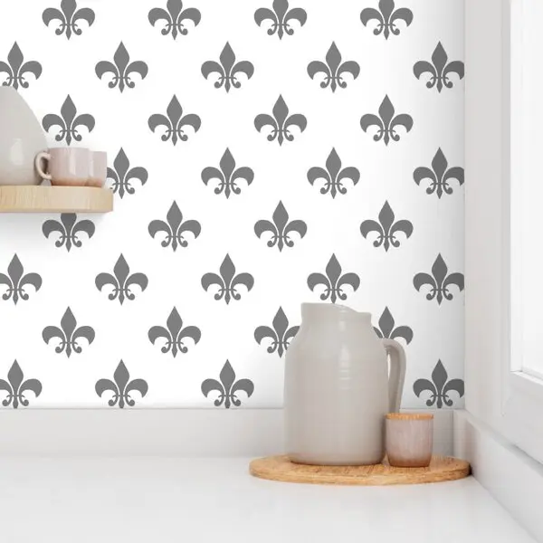 Spoonflower Fleur-de-lis French Lily Symbol France M To The Custom Removable Wallpaper - White,gray