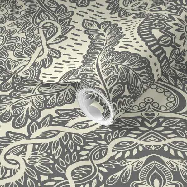 Spoonflower Cream Grey Plants Medallion Doodle Tangle Custom Removable Wallpaper