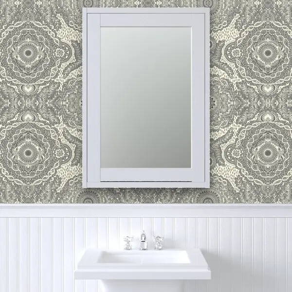 Spoonflower Cream Grey Plants Medallion Doodle Tangle Custom Removable Wallpaper