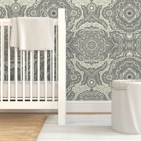 Spoonflower Cream Grey Plants Medallion Doodle Tangle Custom Removable Wallpaper