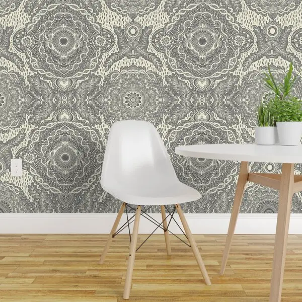 Spoonflower Cream Grey Plants Medallion Doodle Tangle Custom Removable Wallpaper