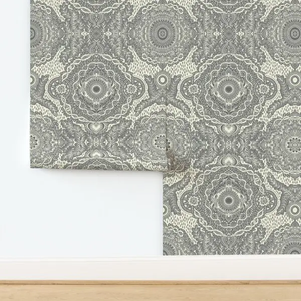 Spoonflower Cream Grey Plants Medallion Doodle Tangle Custom Removable Wallpaper