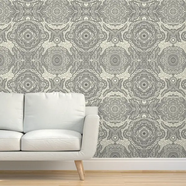 Spoonflower Cream Grey Plants Medallion Doodle Tangle Custom Removable Wallpaper