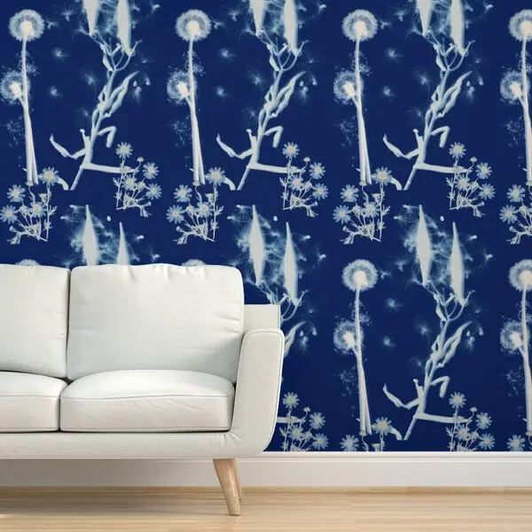 Spoonflower Flowers Plants Dandelion Cyanotype Milkweed Custom Pre-pasted Wallpaper