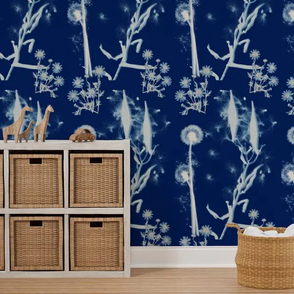 Spoonflower Flowers Plants Dandelion Cyanotype Milkweed Custom Pre-pasted Wallpaper