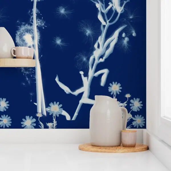 Spoonflower Flowers Plants Dandelion Cyanotype Milkweed Custom Pre-pasted Wallpaper