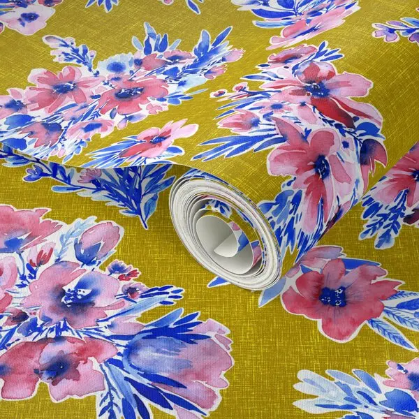 Spoonflower French Blue Watercolor Flowers Vintage Pink Custom Pre-pasted Wallpaper - Yellow,purple,pink
