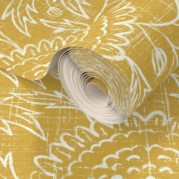 Spoonflower Medallion Blooms Goldenrod 100% Natural Sisal Grasscloth Wallcovering - White,orange,gold